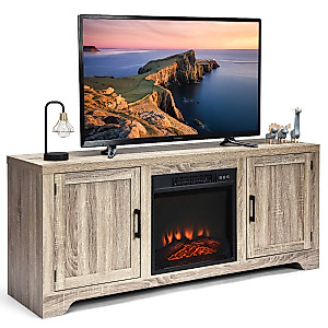 Tangkula 65" TV Stand, Storage Cabinet Console, Television Console, Media Component TV Stand with Adjustable Shelves. Suitable for 18" x 17" Fireplace (not Included) (Grey)