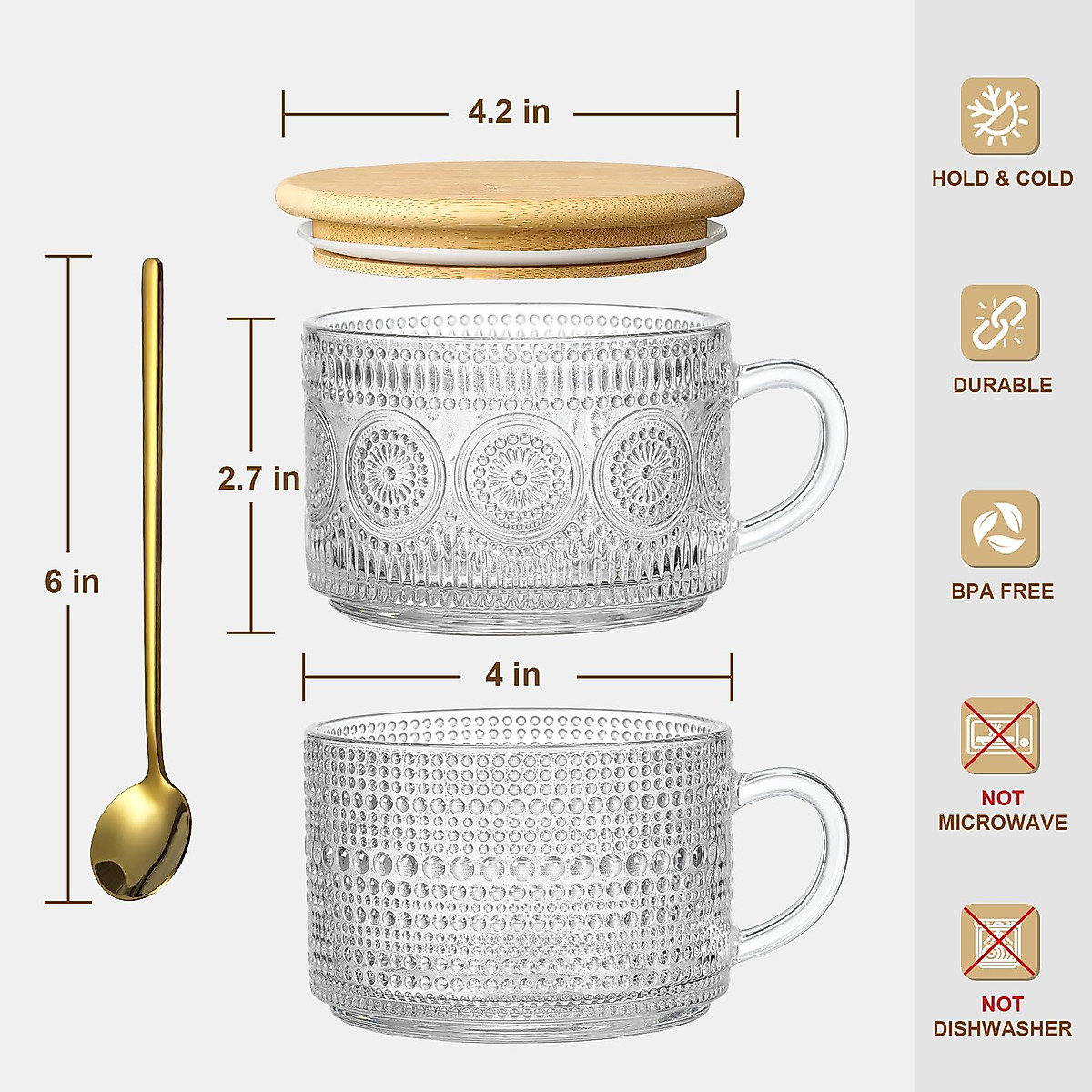 6 Pack 14oz Vintage Glass Coffee Mugs with Bamboo Lids and Spoons, Green Embossed Drinking Glasses for Iced Coffee, Tea, Latte - Cute Coffee Bar Accessories