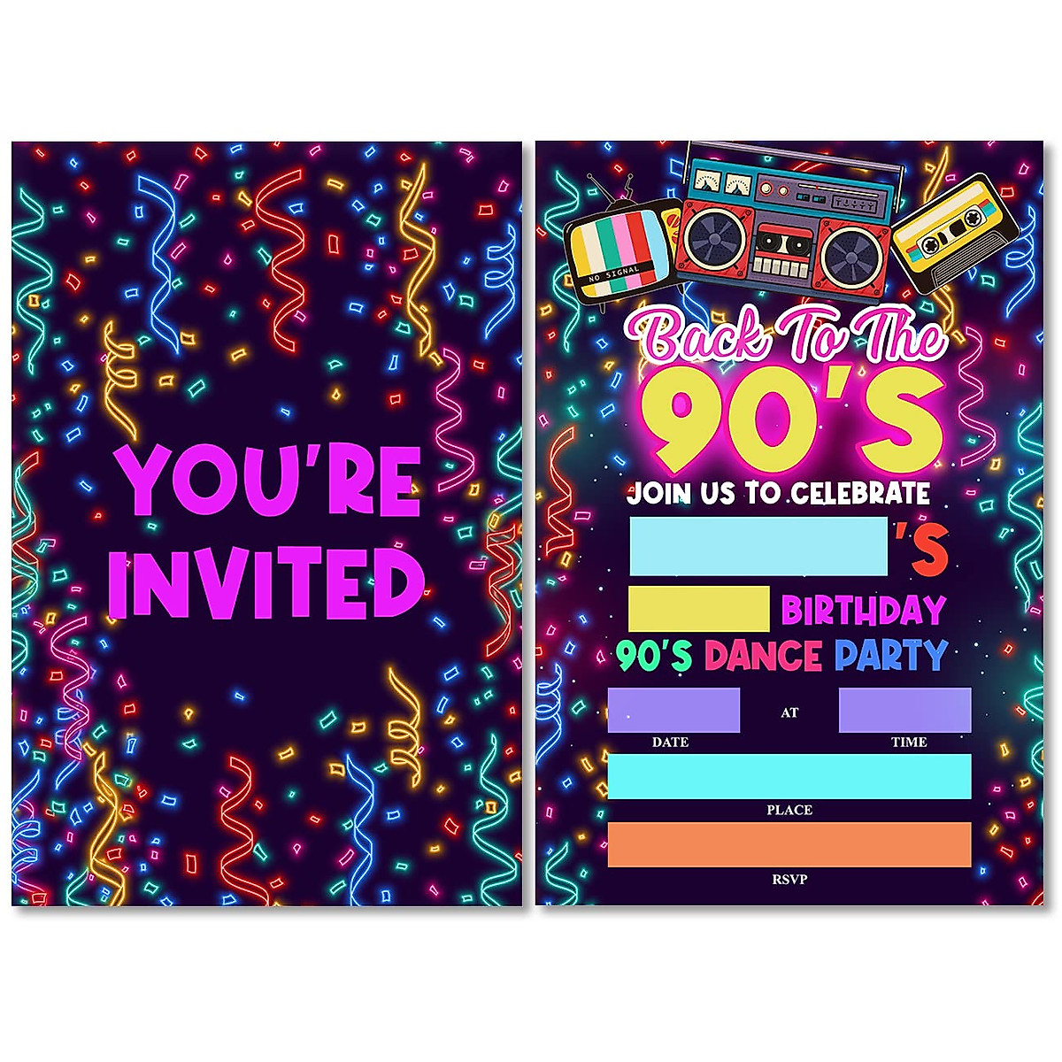 Soiceu Colorful 90s Birthday Party Invitations with Envelopes Set of 20 Back to the 90's Dance Party Invites