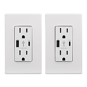 ELEGRP 36W PD 2.0 Quick Charge USB Wall Outlet, Type A & Type C Power Delivery and Quick Charge for iPhone/iPad/Samsung/Android, 15A USB Receptacle, UL Listed, w/Wall Plate, 2 Pack, Matte White