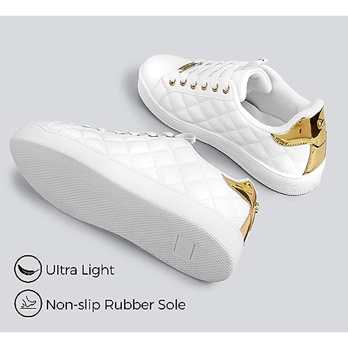 LUCKY STEP Women‘s Fashion Sneakers Classic Casual Tennis Lace up PU Leather Walking Shoes Comfortable Non Slip Sneakers(White,9B(M) US)