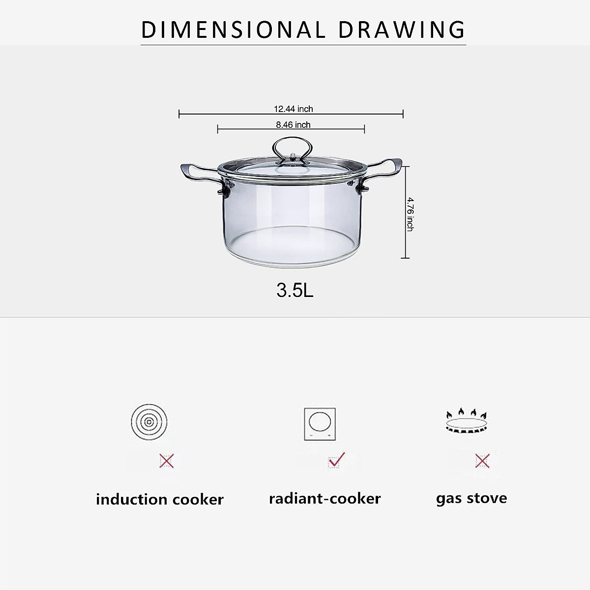 Glass Pot with Lid Heat Resistant ABHOME Stainless Steel Double Handles Stovetop Glassware for Cooking, Glass Saucepan for Soup, Milk, Pasta & Baby Food Stovetop Glass Cookware(3.5 Liter) …