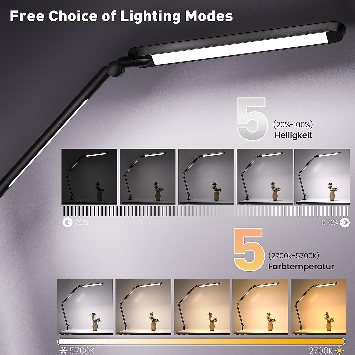 AmazLit LED Desk Lamp with Clamp, Desk Light, Adjustable Brightness & Color Temperature, Modern Architect Clip on Lamp with Memory & Timer Function, Clamp Light for Study, Work, Home, Office, 15W