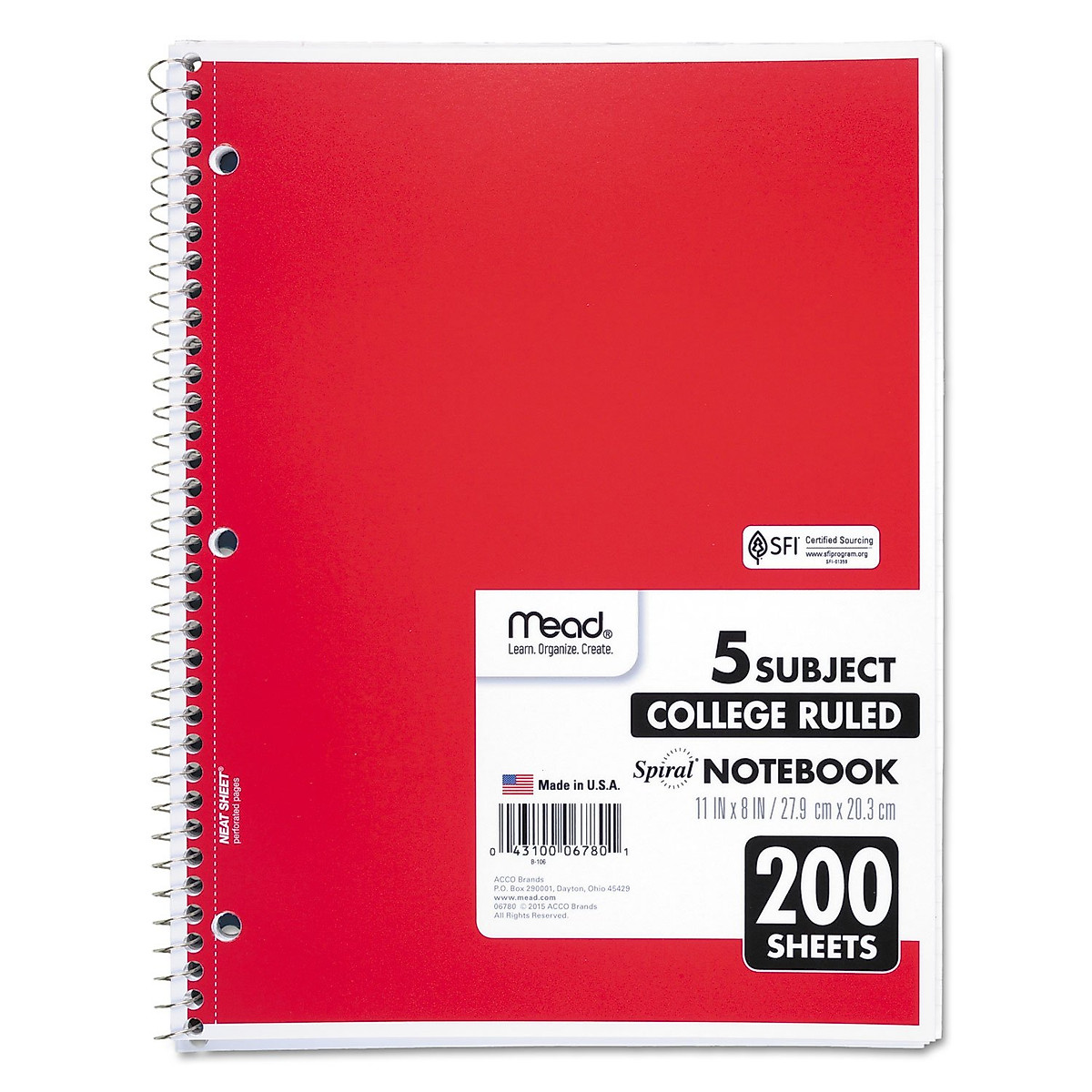 Mead Spiral Notebook, College Ruled Paper, 11" x 8", 200 Sheets, Assorted Colors, 1 Count (06780)