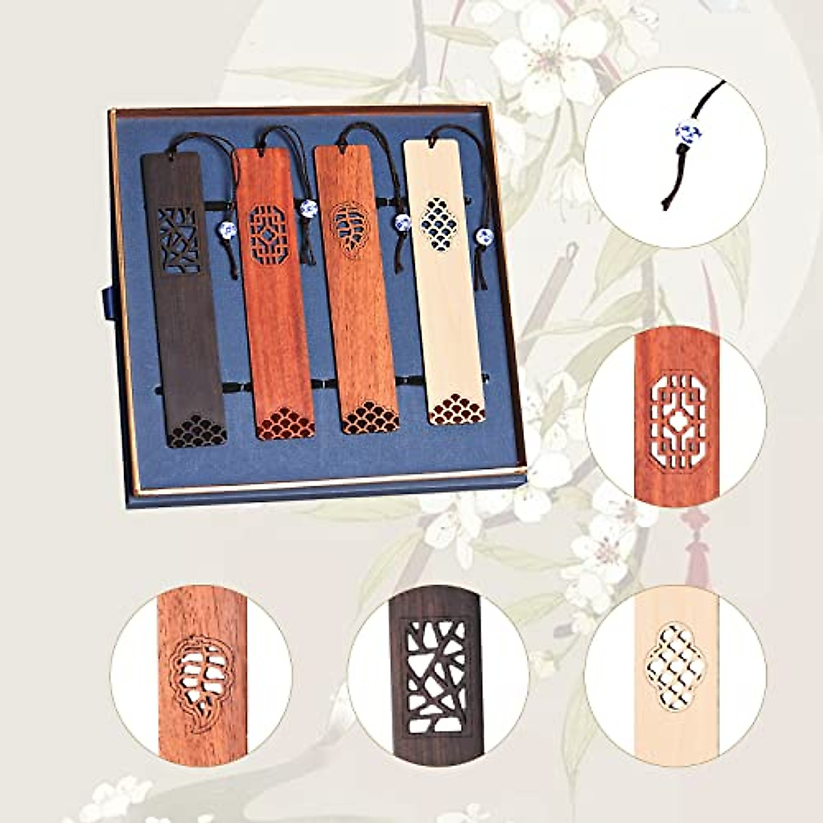 4Pcs Wood Bookmark, Carving Bookmarks for Men Handmade Wooden Bookmarks Box Set Natural Wooden Hollow Out Bookmarks Chinese Style Bookmarks for Graduation Teachers Appreciation Book Lovers Gifts