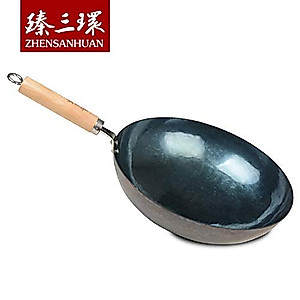 ZhenSanHuan Chinese Hand Hammered Iron Pow Woks and Stir Fry Pans Wooden Handle Round Bottom (30CM, Blue Black -Seasoned)