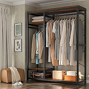 Raybee Free Standing Closet Organizer Heavy Duty Metal Wooden Clothing Rack with Shelves Capacity 400LBS 71"H Freestanding Clothes Rack Garment Rack for Hanging Clothes