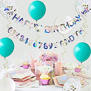 Iridescent Birthday Party Decoration Kit Holographic Hanging Happy Birthday Banners Sign Garlands with 0-9 Number with Teal Balloons Confetti for Girl Boy Kids Men Women Iridescent Birthday Supplies