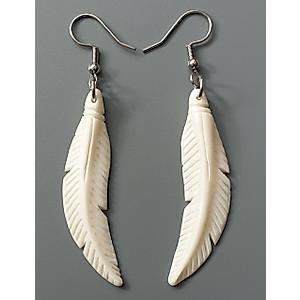 Swimmi 2.4 inch Bone Feather Earrings, Hand Craved Feather Bone Earrings, Handmade Dangle Drop Hook Bone Jewelry FA026