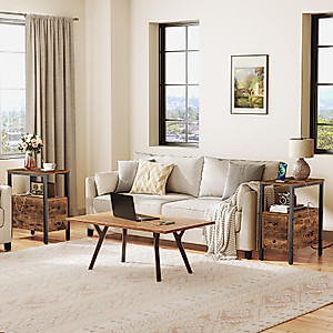 HOOBRO End Table with Charging Station, Narrow Side Table with 2 Drawer & USB Ports & Power Outlets, Nightstand for Small Spaces, for Living Room, Bedroom, Rustic Brown and Black BF541BZ01