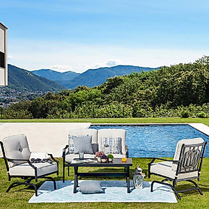 Kamont 4 PCS Patio Furniture Conversation Set Outdoor Furniture Set Metal Chairs w/All Weather Cushioned Love Seat,Poolside Lawn Chair,Coffee Table (Beige)