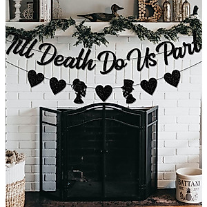 JKQ Black Glittery Till Death Do Us Part Banner with Heart Bride Groom Signs Halloween Bridal Shower Garland Banner Halloween Themed Wedding Bachelorette Engagement Party Fireplace Mantle Decorations