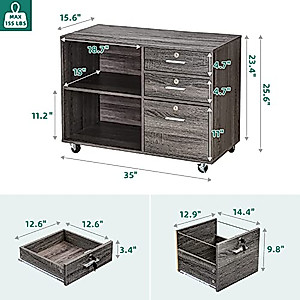 YITAHOME Wood File Cabinet, 3 Drawer Mobile Lateral Filing Cabinet, Storage Cabinet Printer Stand with 2 Open Shelves for Home Office Organization,Dark Grey
