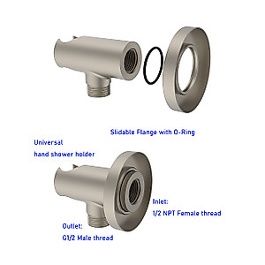 Aquaiaw Wall Supply Elbow with O-Ring Flange, Tapered 1/2 NPT Female Inlet, Solid Brass Wall Union W/Handshower Holder, Round Wall Supply Elbow W/Hand Shower bracket, PVD Brushed Nickel, G1/2 Outlet