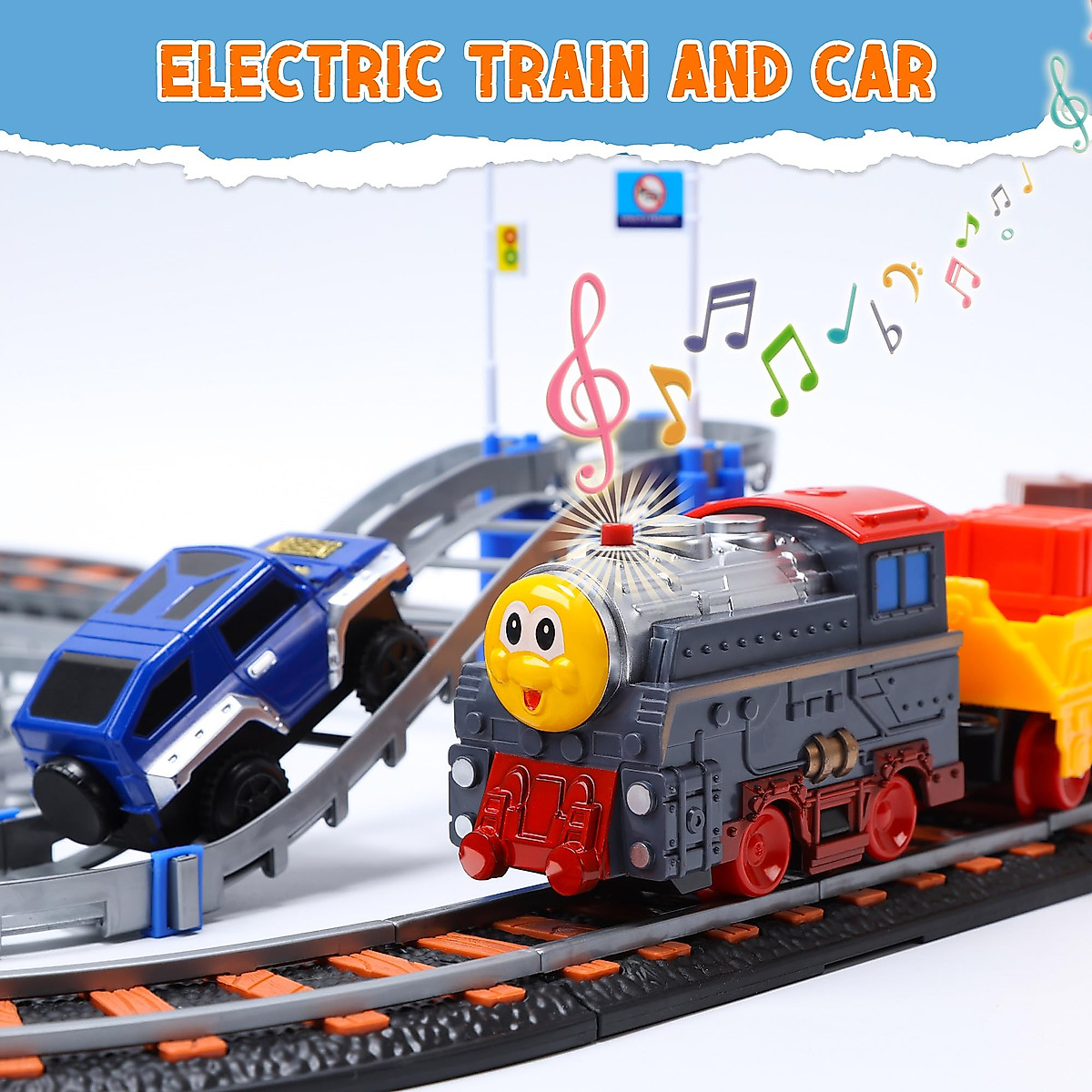 CUTE STONE Toy Train Set for Toddler, Train Track Set with Cars, Electric Train with Realistic Sound, Train Track Playset for 3 4 5 Years Old Girls & Boys