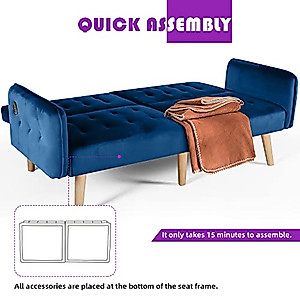 TYBOATLE 65"W Velvet Modern Convertible Folding Futon Couch Sofa Bed w/ 2 USB Charging Ports and Arms, Loveseat for Compact Living Space, Dorm, Game Studio, Bonus Room, Apartment, Bedroom (Navy Blue)