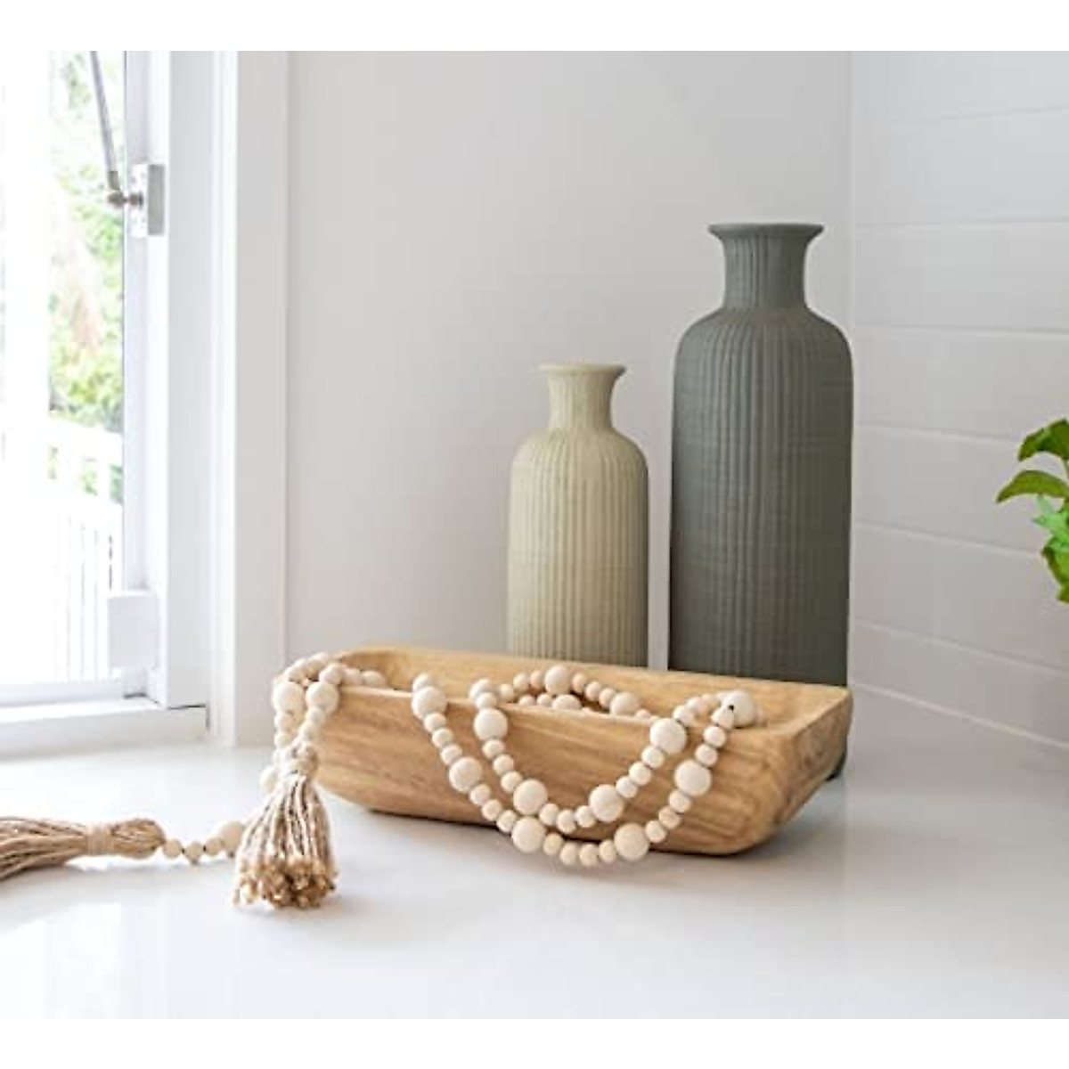 Warm Toast Designs - Wooden Dough Bowl with Stylish Wooden Bead Garland - Dough Bowls for Decor - Wooden Bowls for Decor Make a Beautiful Addition to your Home