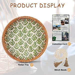 LURRIER Round Rattan Woven Serving Tray with Wood Bead Set, Decorative Coffee Table Tray with Handle, Serving Basket with Mother of Pearl Inlay Wooden Base, Display for Home,12in (Safari in Monstera)