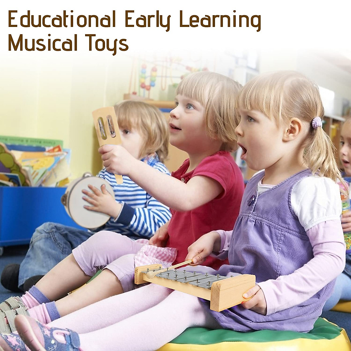 Chriffer Kids Musical Instruments Toys, Percussion Instruments Set with Xylophone, Preschool Educational Music Toys for Boys Girls, Natural Eco-Friendly Wooden Music Set (8)