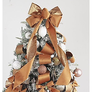 HUIHUANG Velvet Wired Ribbon 4 inch Copper Christmas Tree Ribbon Double-sided Glitter Copper Wire Ribbon for Christmas Tree, Wreaths, Tree Top Bows, Garland, Home Decor-10 Yards