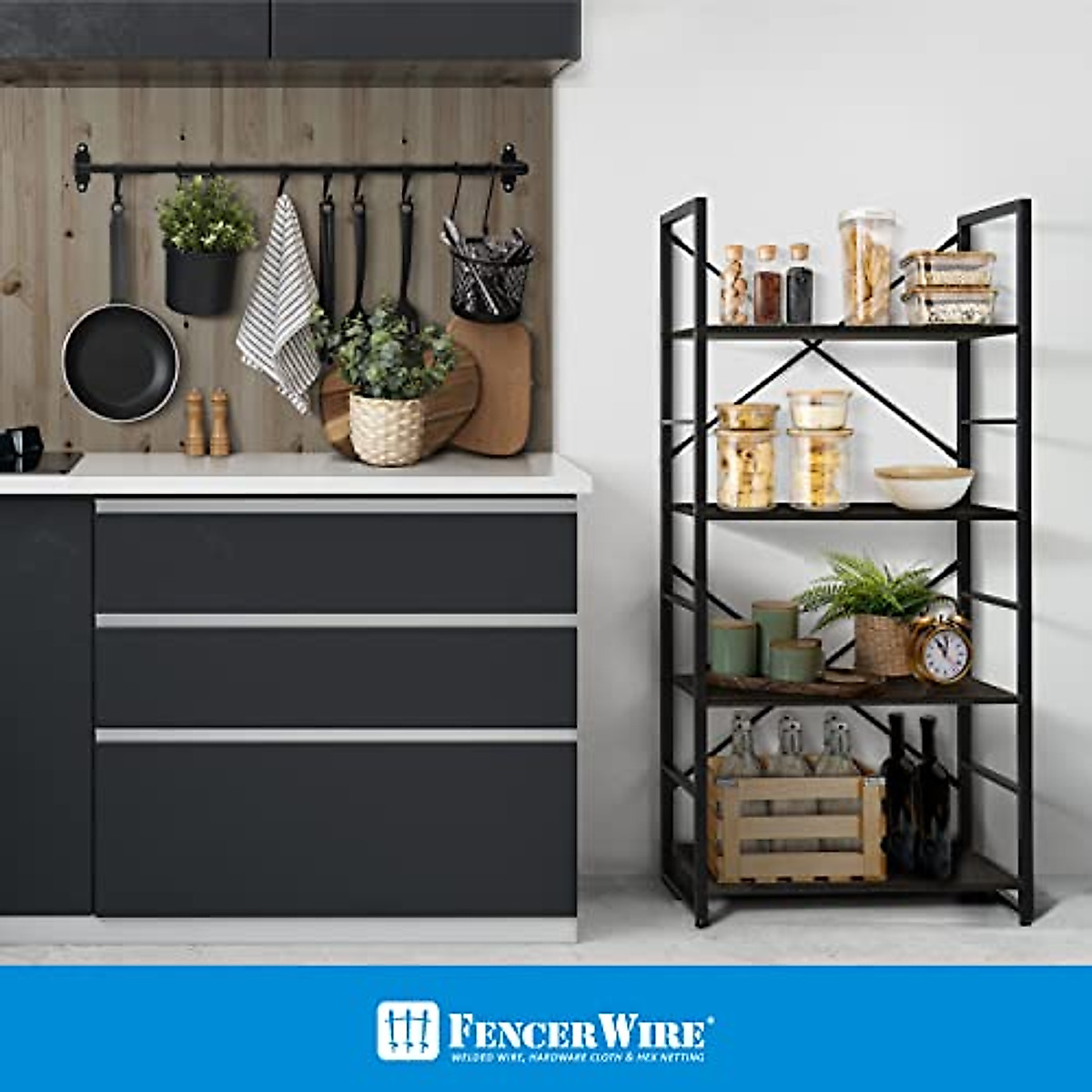 Fencer Wire 4 Tier Free Standing Shelf, 24 Inch Width Bookshelf, Bookcase Shelf Storage Organizer, Industrial Book Shelves for Home Office, Living Room, Kitchen, Black Wooden Shelves & Metal Frame