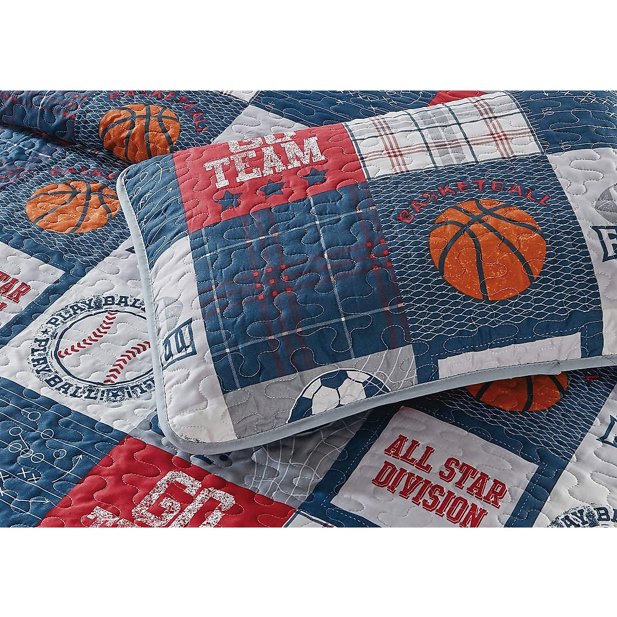 Linen Plus Bedspread Set Kids/Teens All Star Sport Basketball Soccer Baseball Football Plaid Patchwork Pattern Blue Red Grey Orange White # Go Team (Twin)