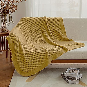 Amélie Home Soft Cozy Waffle Knit Throw Blanket with Ruffled Fringe, Decorative Lightweight Knitted Throw Blankets for Couch Bed Sofa (Yellow, 50'' x 60'')