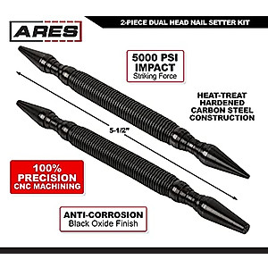 ARES 10013 – 2-Piece Dual Head Nail Setter Kit – Features 1/32-Inch (#1), 1/16-Inch (#2), 3/32-Inch (#3), and 1/8-Inch (#4) Dual Head Designs – CNC-Precision Machined – 5000 PSI Striking Force