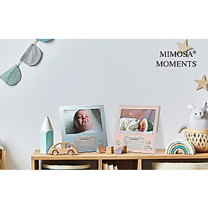 MIMOSA MOMENTS Bear and Pram Silver-tone Metal Baby Girl Picture Frame with Birth Details Tag (4x6 horizontal, Silver-tone & Pink)