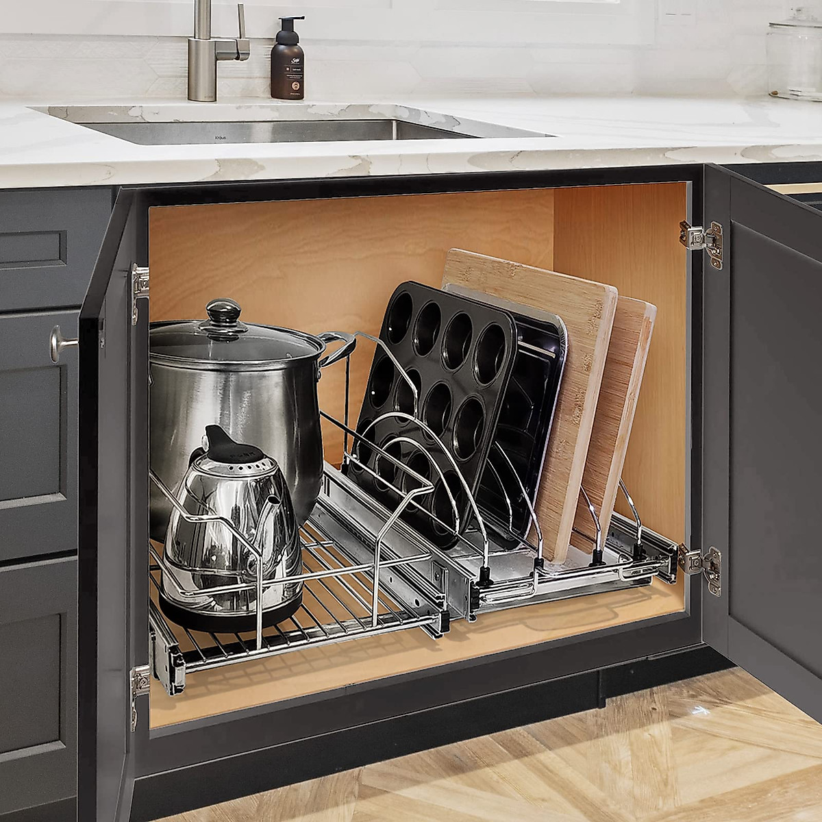 Atposh Pull Out Cabinet Organizer, Heavy Duty Single Wire Basket Pull Out Cabinet Sliding Drawer Organizer for Kitchen Base Cabinets, Chrome Finish 11" W x 21" D