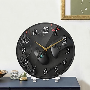 Gamer Work Space Concept Scrapbook Mouse, Keyboard, Joystick, Headset Wall Clock, Silent Non-Ticking Easy to Read Round Decorative Acrylic Wall Clock Art, for Living Room Home Office School 9.5 Inch