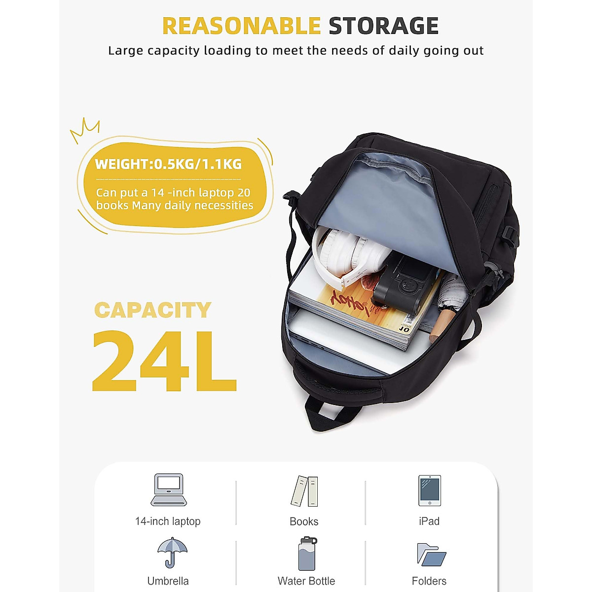 Lightweight Backpack for Women, Large Laptop Travel Backpack Casual Daypack College Bag Rucksack for Men. Black