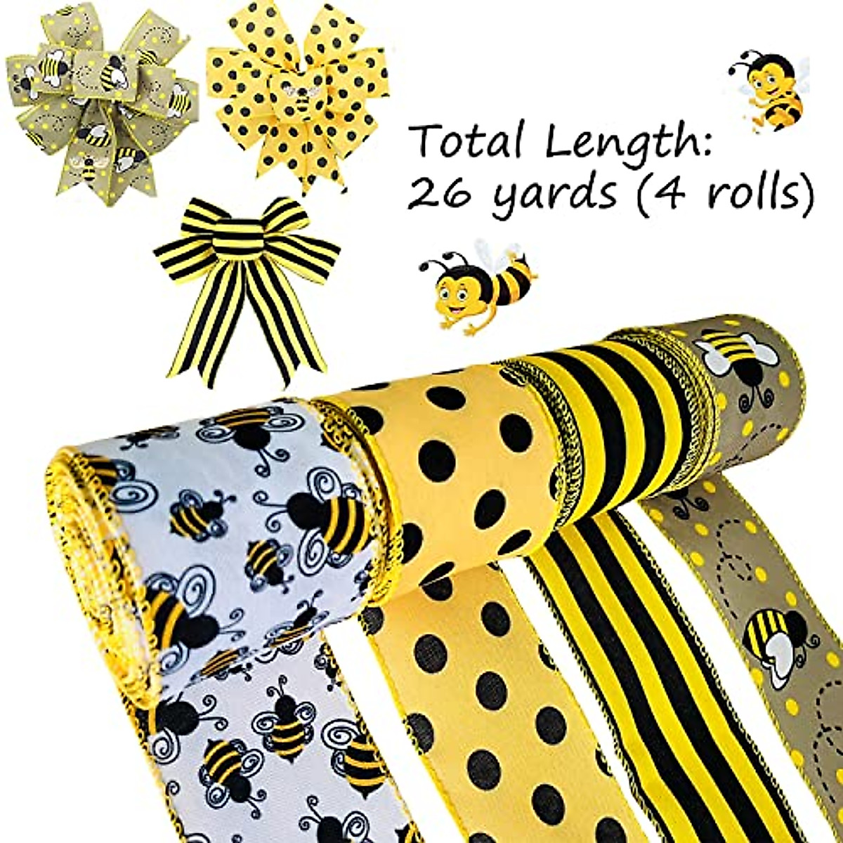 Bumble Bee Ribbon Wired 26 Yard Polka Dot Wired Edge Fabric Ribbon Bee Vertical Stripe Craft Ribbon Decorative Ribbon DIY for Wrapping, Party Decoration, Hair Bows, Crafting and Sewing
