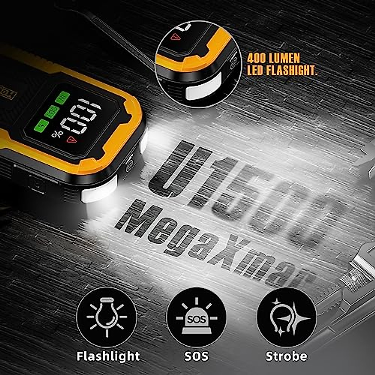 MegaXmar Car Battery Jump Starter -1500A Peak 12800mAh,Portable Car Jump Starter for Up to 7.5L Gas 6.0L Diesel Engine,12V Jump Starter Battery Pack with Smart Clamp Cables,LED Flashlight Jump Box