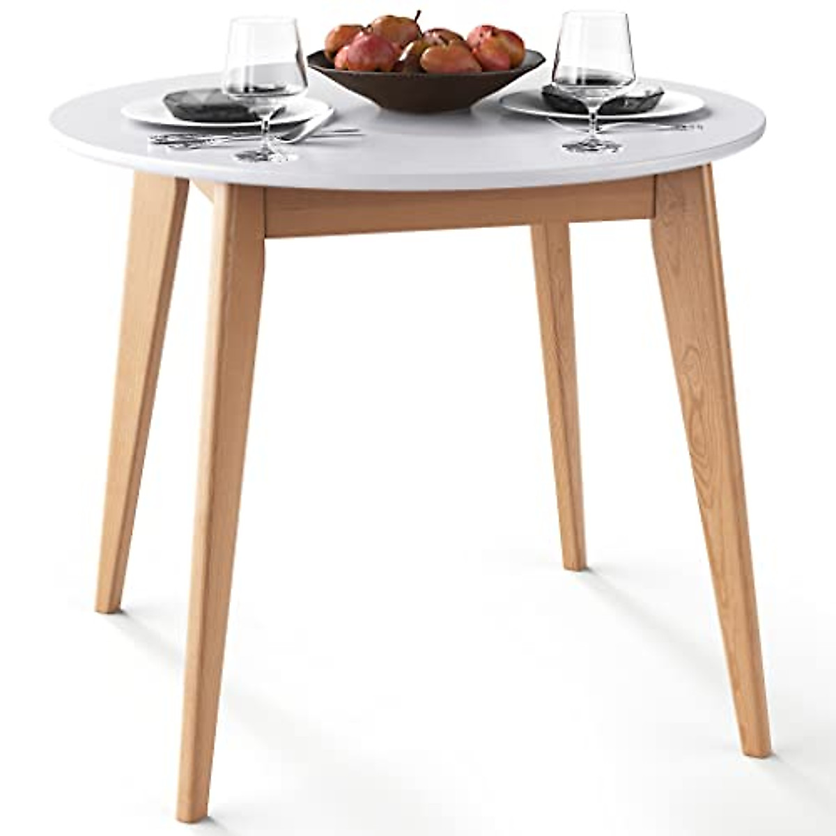 DAIVA CASA Orion Round Table for 3 Person - Birch Solid Wood Kitchen & Dining Room Furniture - Mid Century Modern Scandinavian Style – White Brown Table 35 inch