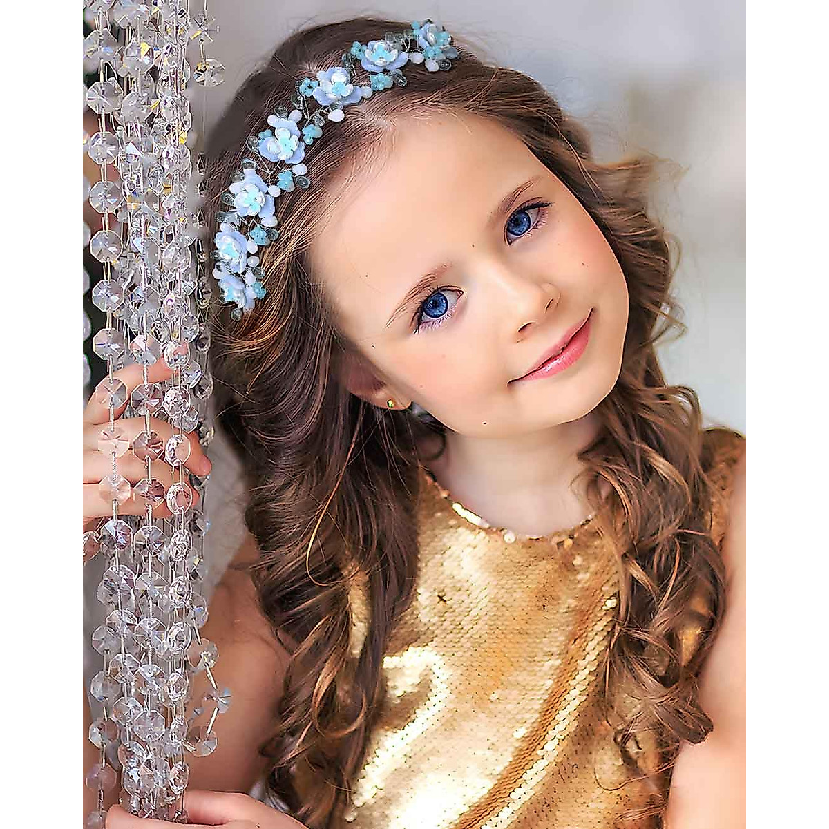 Campsis Flower Girl Headband Blue Crystal Princess Headpiece Rhinestone Girl Hair Piece Wedding Bride Accessories or Women and Girls