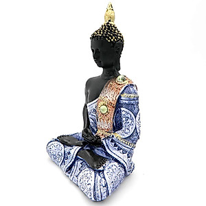 Rockin Buddha Statue Black Body Dress Blue Antiques 8 inches Tall Pattern Decoration Mantra Buddha Home Decoration Office Meditation Room Temple Statues for Home Decor