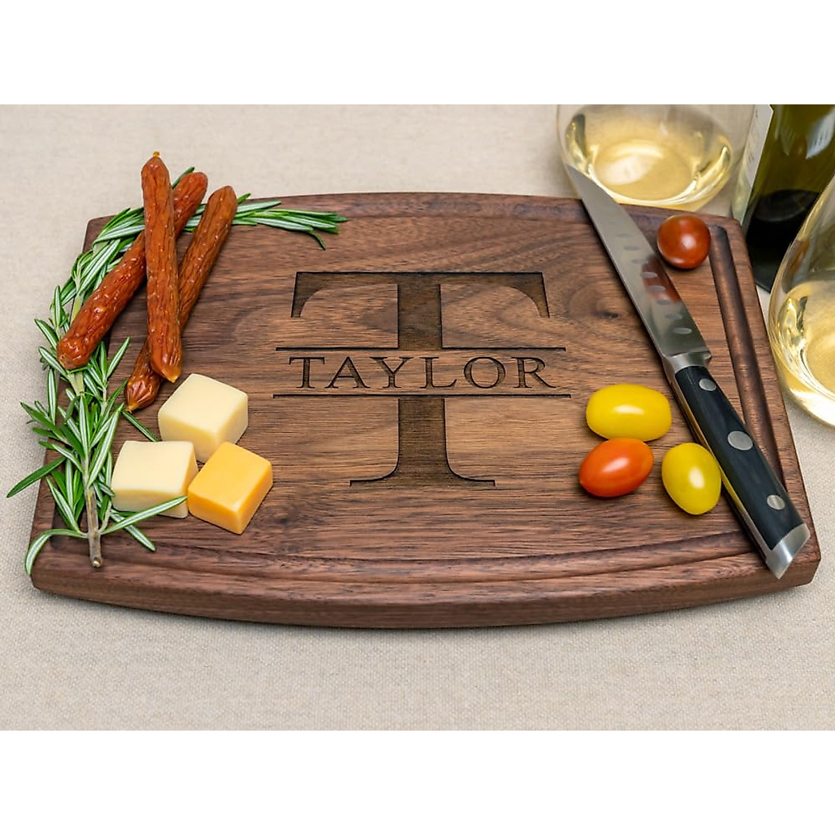 Walnut Artisan Personalized Cutting Boards, Custom Anniversary or Housewarming Gift Idea, Wood Engraved Charcuterie Board for Couples and Newlyweds, Initial Design 050