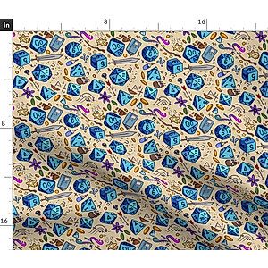 Spoonflower Fabric - Blue Fantasy Illustration Sword Dice Dragons Printed on Petal Signature Cotton Fabric Fat Quarter - Sewing Quilting Apparel Crafts Decor