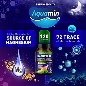 Magnesium Complex 500mg - 5 Forms of Magnesium Glycinate, Citrate, Malate, Oxide & Aquamin with 72 Trace Minerals - Chelated for Absorption - Supplement for Muscle, Nerve, Heart & Sleep (120 Capsules)