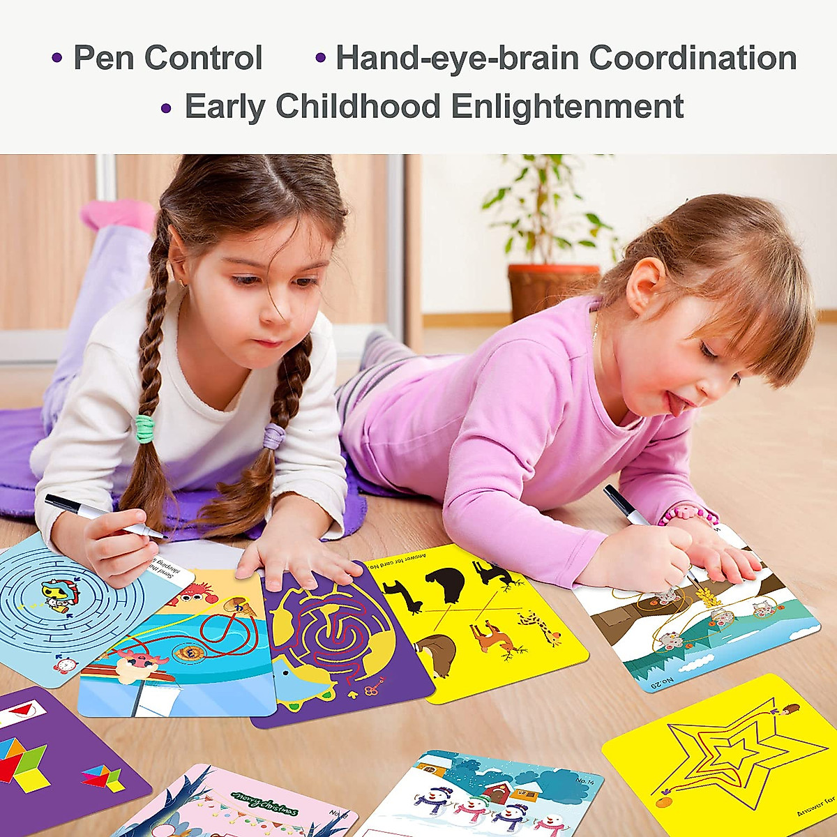 Panda Juniors Brain Games Flash Cards, Early Learning Flash Cards Toys Write and Wipe Practice Card, Preschool Educational Toys for 3 4 5 6 7 8 Years Old (30 Flashcards and Marker)