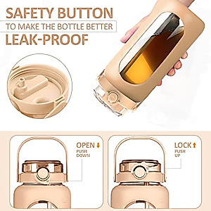 BLUEGO 56oz Glass Water Bottles with Straw Time Marker Half Gallon Large Motivational Water Bottle with Silicone Sleeve 2 Liter Large Glass Water Jug for Gym, Sports& Workout, Amber