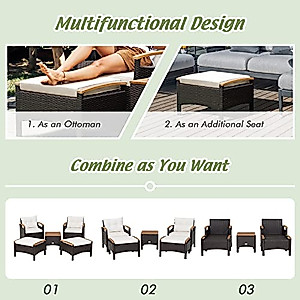 Tangkula 5 Piece Patio Furniture Set, Patiojoy Outdoor Conversation Set w/Seat & Back Cushions, Coffee Table & 2 Ottomans, Acacia Wood Tabletop & Armrests, Wicker Sofa Set for Backyard, Poolside