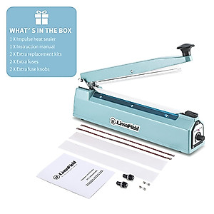 LinsnField Sealer Pro, Patented 8inch Impulse Heat Bag Sealer, 2mm Sealing Width Poly Bag Seal Machine, 2 Replacement Kits 2 Fuses Included, Blue