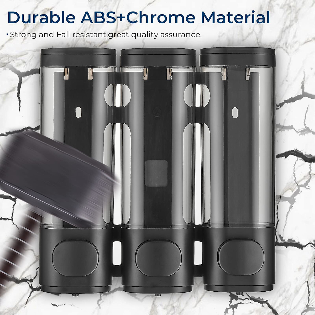 Shampoo and Conditioner Dispenser, Pollock Shower Dispenser 3 Chamber No Drill Shampoo Dispenser for Shower Wall Mounted Shampoo Conditioner Body Wash Dispenser for Bathroom,Large Capacity,Black