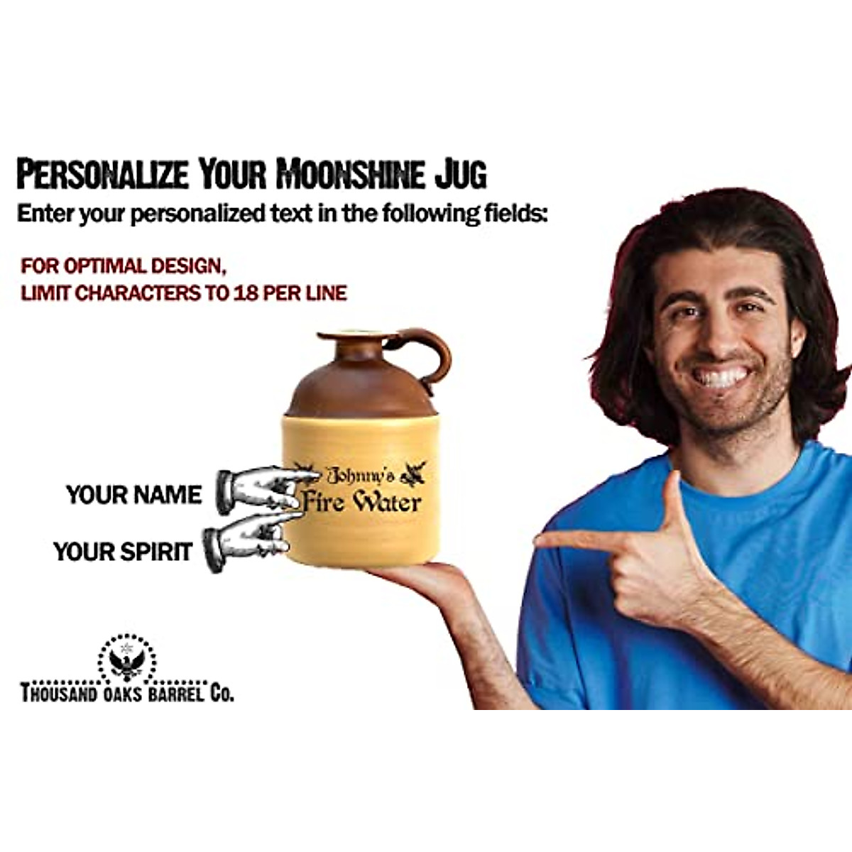 Thousand Oaks Barrel Co. Personalized Glass Moonshine Jug 750ml (0.2 gallon) - Traditional Style Engraved Glass Liquor Decanter Bottle with Cork Stopper and Finger Ring, Ideal for XXX Moonshiner (MJ1)