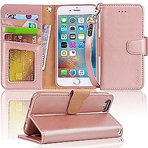 Arae Case for iPhone 6s / iPhone 6, Premium PU Leather Wallet case [Wrist Strap] Flip Folio [Kickstand Feature] with ID&Credit Card Pockets for iPhone 6s / 6 4.7 inch (Rosegold)