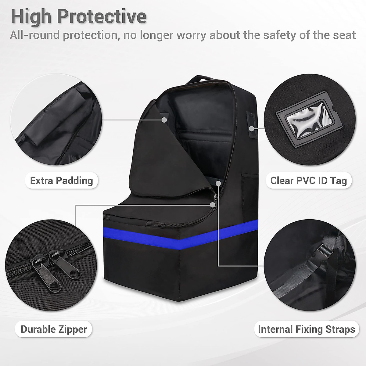 ProFaster Car Seat Travel Bag - Padded, Comfortable, Durable, Roomy Gate Check Carseat Cover Backpack Fits 3-in-1，Convertible, Booster & Infant Car Seats for Airplane, Airport, Blue