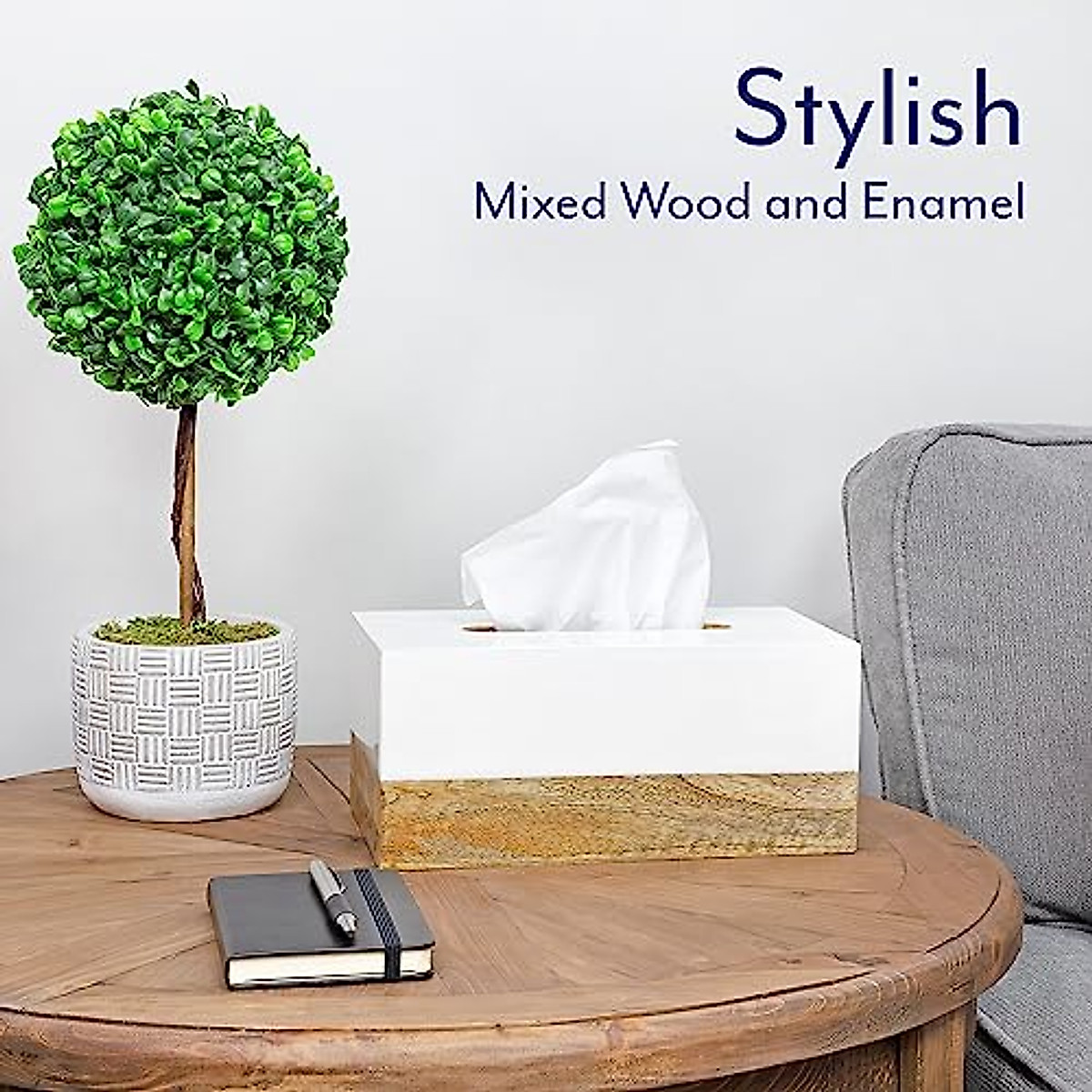 AuldHome Design Rectangular Tissue Box Cover (Enamel/Mango Wood); Minimalist Scandinavian Decor White Oblong Tissue Holder