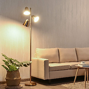 Tangkula 3-Light Floor Lamp, 64” Mid Century Modern Standing Tall Pole Lamp with 3 LED Bulbs and Adjustable Heads, Reading Light for Living Room Bedroom, 360 Lighting (Antique Brass)